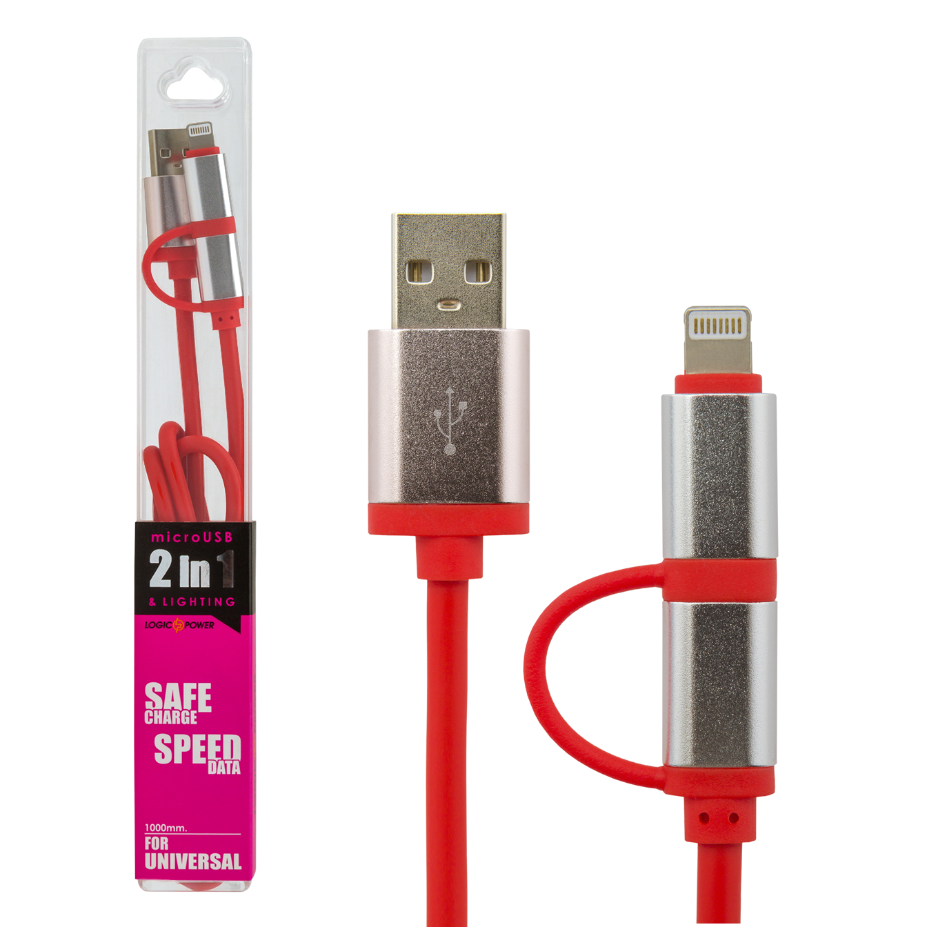 Кабель 2 в 1 USB - micro USB - Lightning R 1м красный /Retail